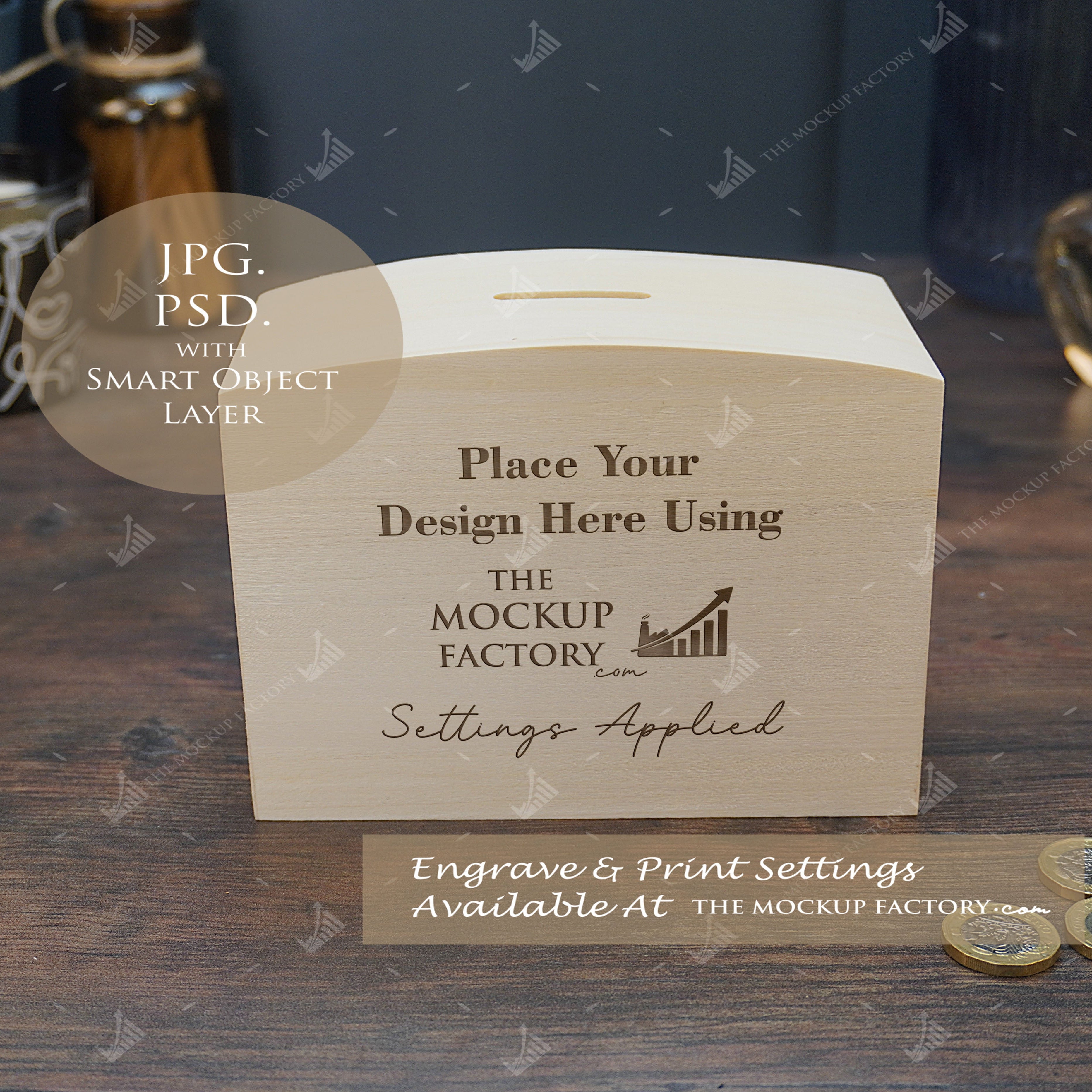 Wooden Money Box Mockup – Dark Vintage Aesthetic | PSD Template for ...