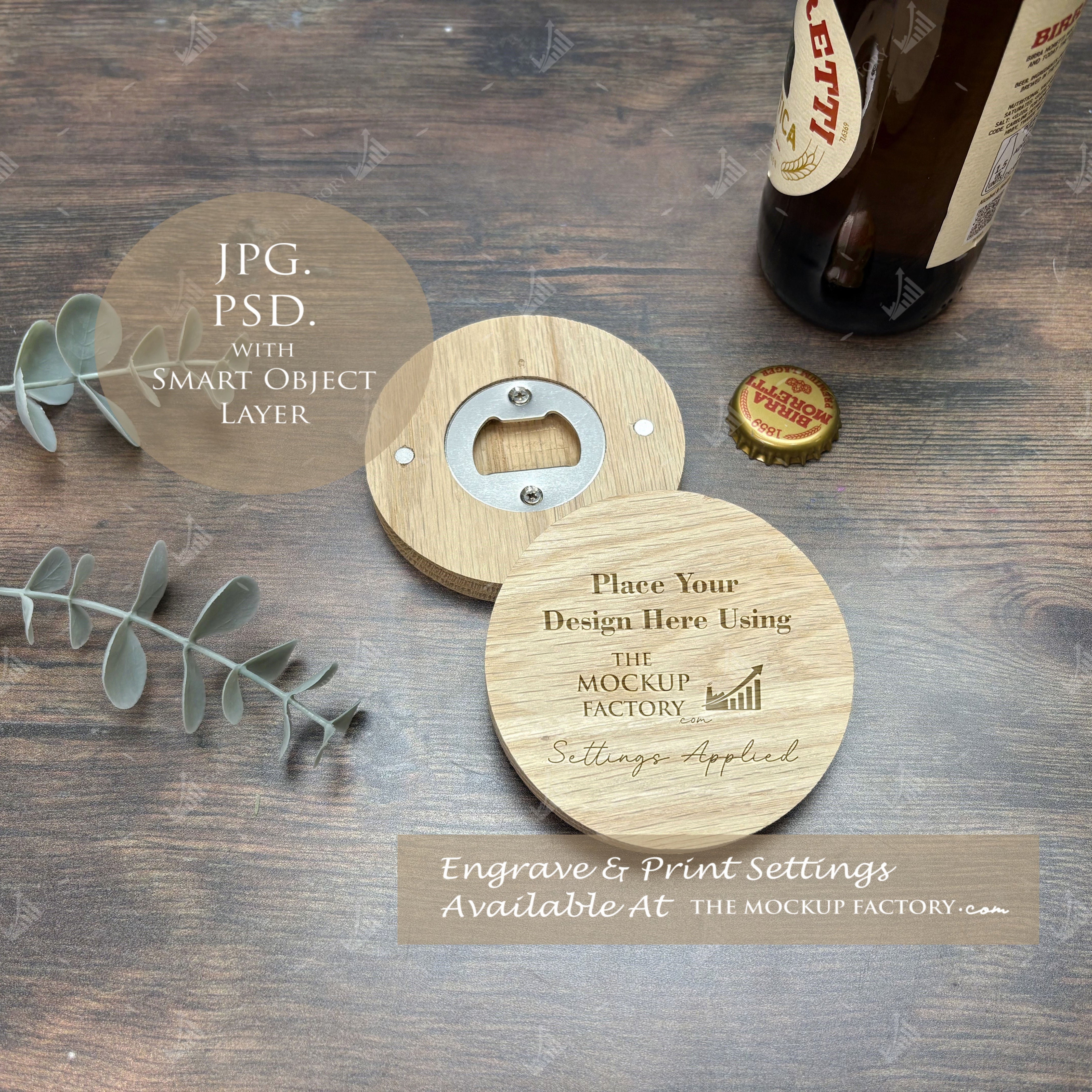 Round Wooden Oak Magnetic Bottle Opener 8cm Mockup PSD - Dark Vintage ...